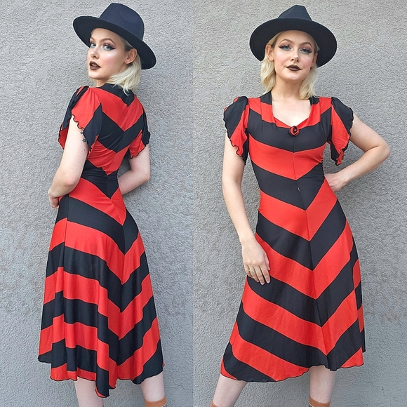 Dresses | Emo Punk Goth Red Black V Stripe Sexy Costumey Dress | Poshmark